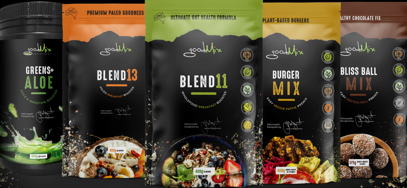 Blend11, Blend13, Bliss Ball Mix, Greens+Aloe, Burger Mix | goodMix